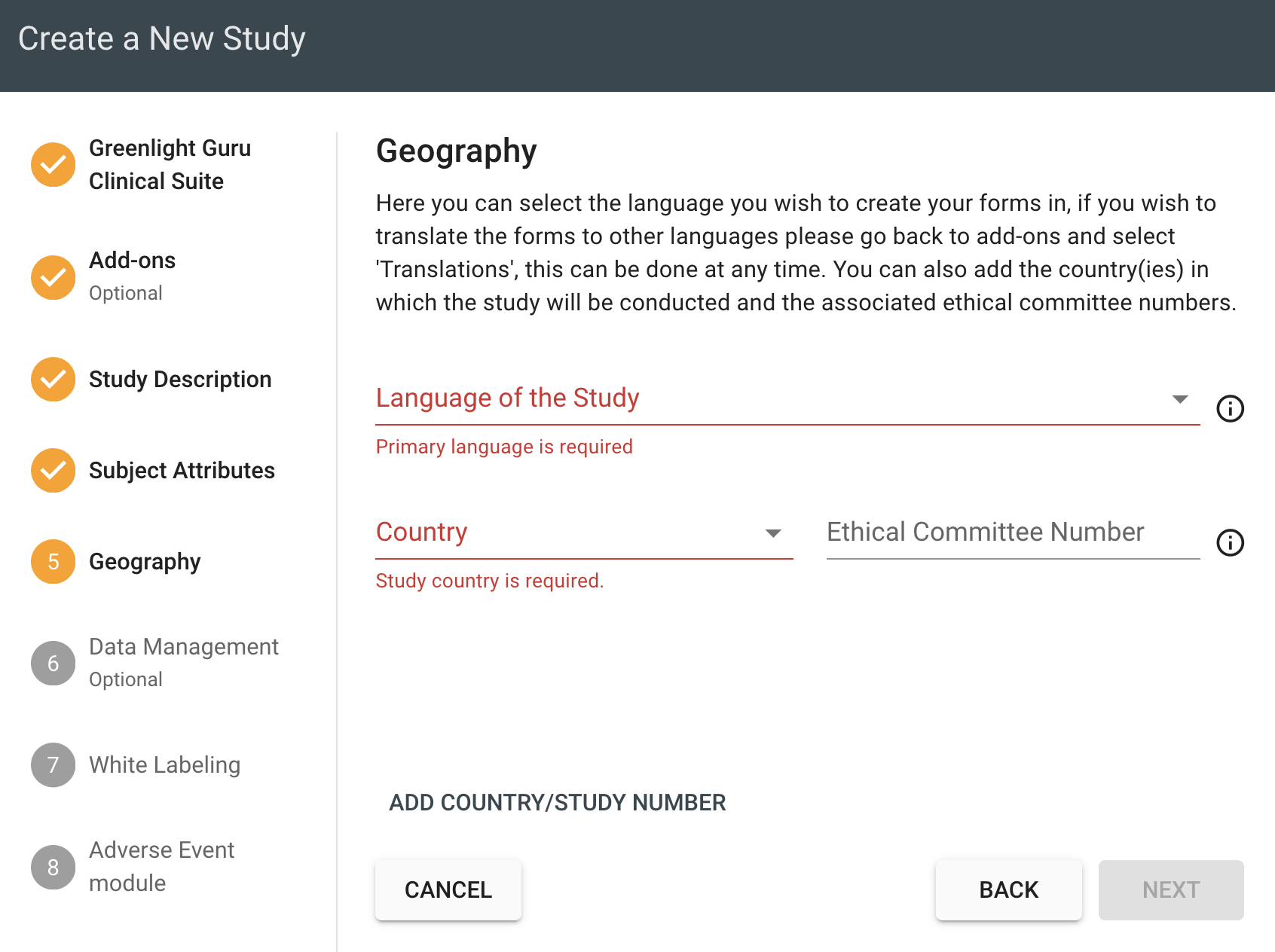 Create and Edit Study – Clinical